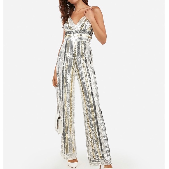 Express | Other | Express All Over Sequin V Neck Jumpsuit Xs S New ...